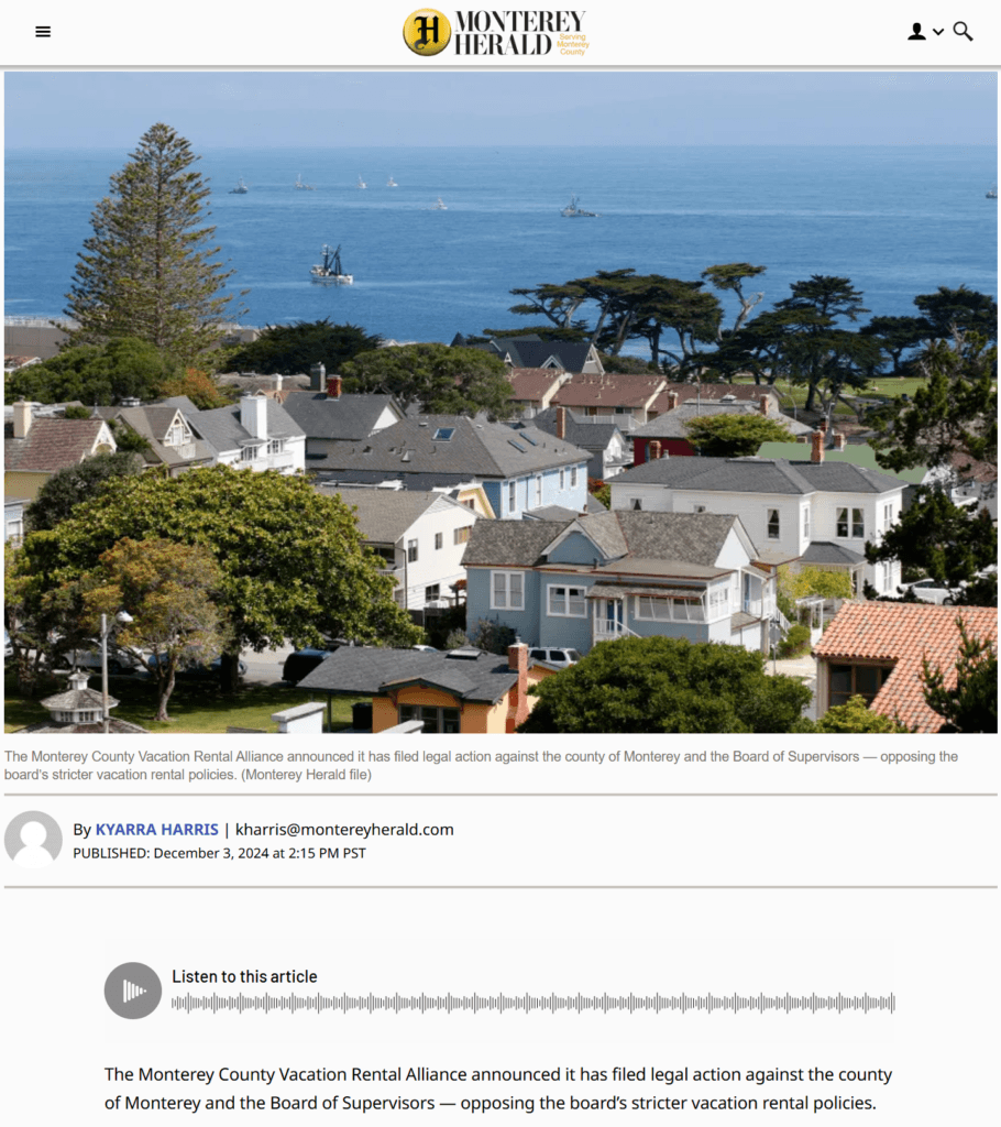 Monterey Herald: Vacation rental group files lawsuit against county ...